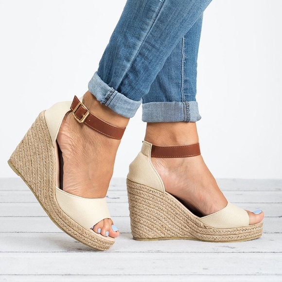 SunnyMia | Shoes | Beige Peep Toe Wedges | Poshmark
